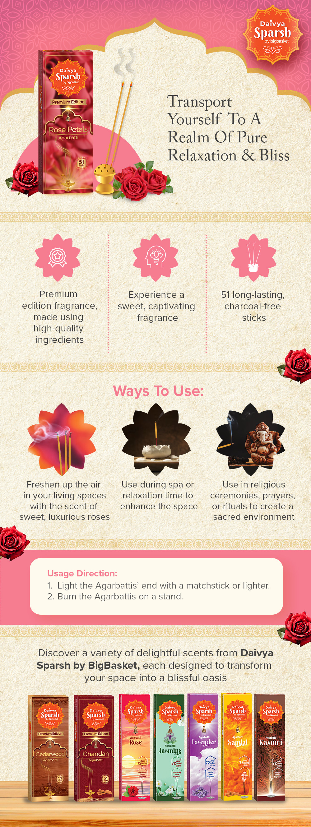 Buy Daivya Sparsh by bigbasket Premium Edition Rose Petals Agarbatti Online at Best Price of Rs ...