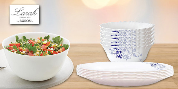 Buy Larah by Borosil Dinner Set - Opalware, Green Leaves Silk Design ...