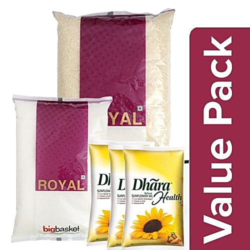 Buy bb Royal Rice - Kolam, HMT, 5 kg + Oil - Sunflower, Dhara Refined ...