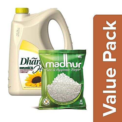 Buy Bb Combo Dhara Refined Sunflower Oil 5 Ltr Can Madhur Sugar Refined ...