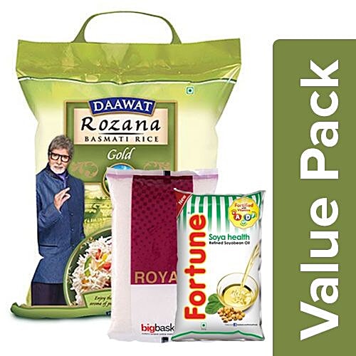 Buy bb Combo Daawat Basmati Rice Rozana 5kg + Fortune SoyaBean Oil 1Lx3 ...