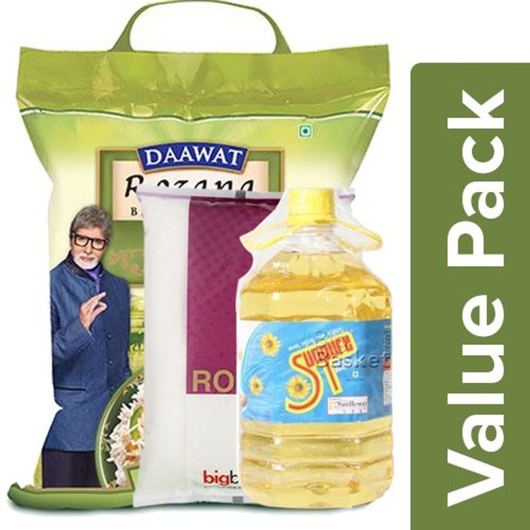 Buy bb Combo Daawat Basmati Rice Rozana 5Kg + Sunpure Sunflower Oil 5L ...
