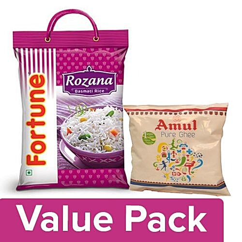 Buy bb Combo Fortune Basmati Rice - Rozana 5 kg Pouch + Amul Ghee 500 ...