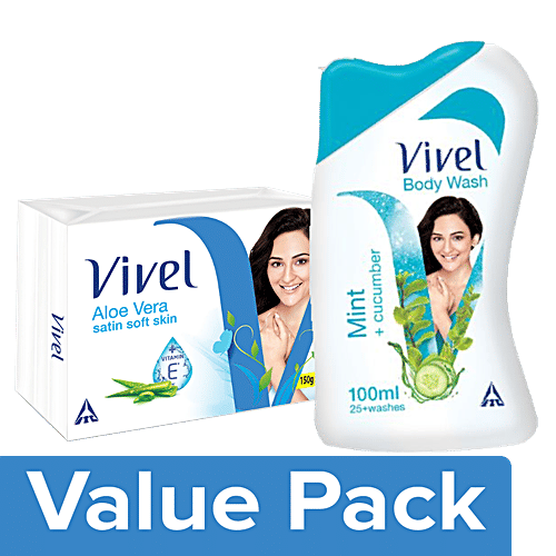 Buy Vivel Aloe Vera Bathing Bar 150 g (Pack of 4) + Body Wash - Mint ...