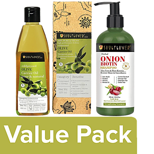 Buy Soulflower Cold Pressed Olive Oil, 225 ml + Onion Biotin Shampoo ...
