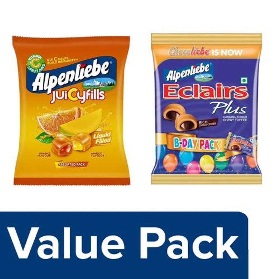 Buy ALPENLIEBE Juicyfills Orange & Mango Flavour Candy + Eclairs Plus ...
