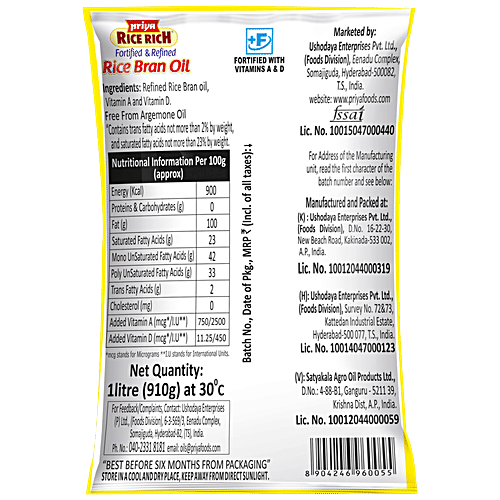 Buy Priya Refined Oil Rice Bran 1 Ltr Pouch Online at the Best Price of Rs 153 - bigbasket