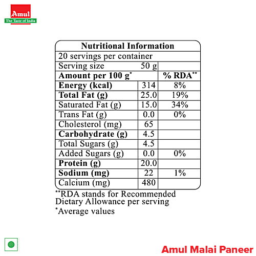Buy Amul Malai Paneer Block 1 Kg Carton Online At Best Price of Rs 435 ...