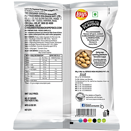 Buy Lays Potato Chips American Style Cream Onion Flavour 28 Gm Online ...