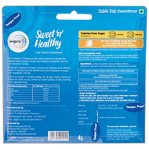 Buy Wipro Sweet N Healthy Low Calorie Sweetener - Aspartame Tablets ...