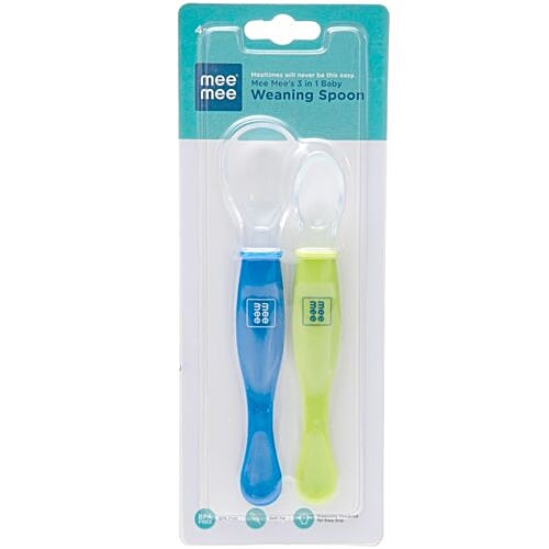 Buy Mee Mee Baby 3 In 1 Weaning Spoon Blue Green 60 Gm Online At Best ...