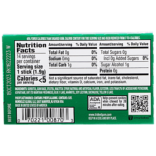 Buy Trident Gum Sugar Free Spearment Flavoured 18 Pcs Online At Best ...