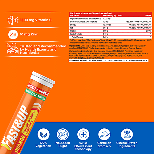 Buy Fast&Up Charge Effervescent Tablets With Natural Vitamin C & Zinc for Immunity - Orange ...