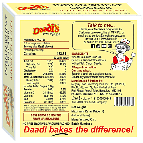 Buy Daadis Indian Wheat Cracker - Ajwain Bhakhri, High In Fibre, All ...