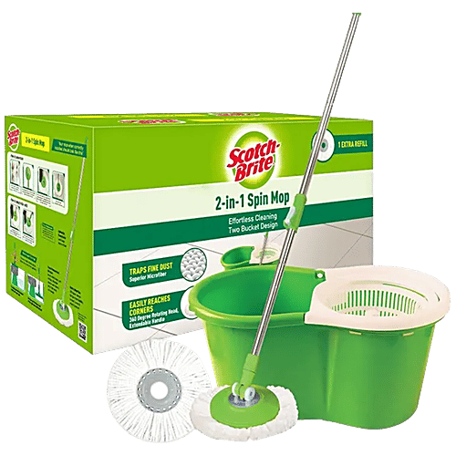 Buy Scotch brite Twin Bucket Spin Mop - Green, 2 Refills Online at Best ...