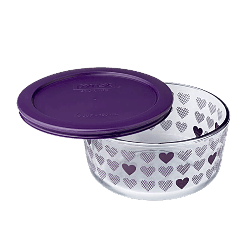 Buy Pyrex Borosilicate Glass Baking Round Storage 4 Cup Printed Hearts ...