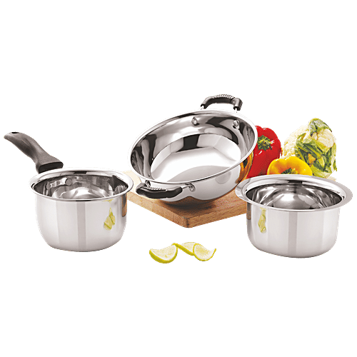 Buy Neelam Cookware Set - Silver, Kadhai + Tope + Sauce Pan, Stainless Steel Online at Best ...