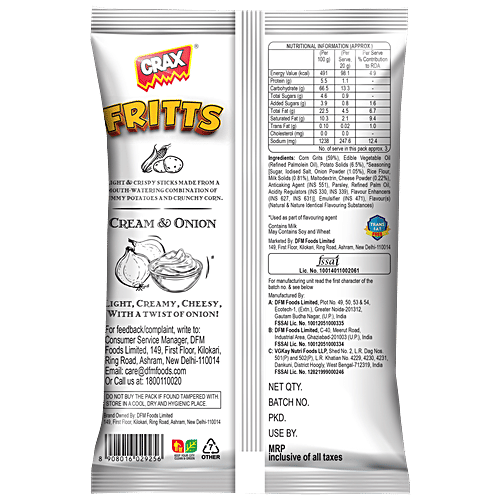 Buy Crax Fritts - Cream & Onion, Corn & Potato Sticks, Non-fried, Yummy ...