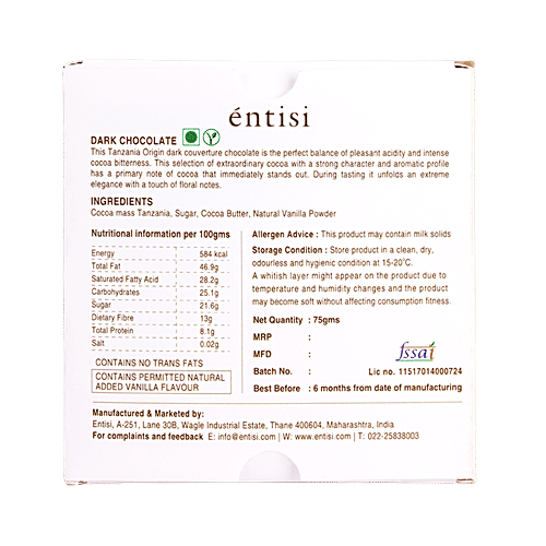 Buy Entisi 75% Dark Chocolate Bar - Single Origin Tanzanie Online at ...