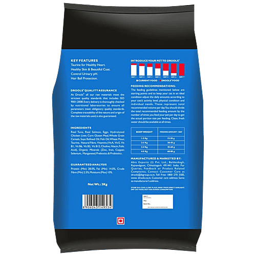 Drools Dry Adult Cat Food - With Tuna & Salmon, Improves Digestion, 3 Kg (Get Free 1.2 Kg)