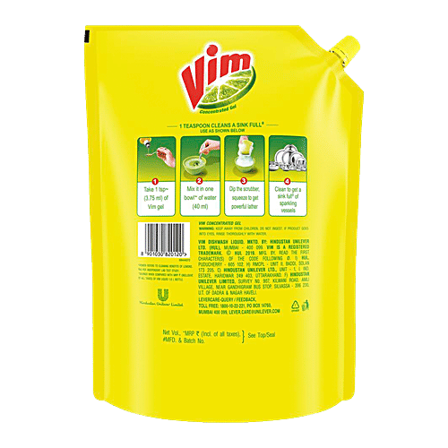 Buy Vim Dishwash Liquid Gel Lemon Refill Pouch Online at Best Price of ...