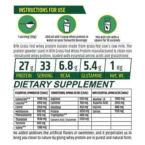 Buy BTN Sports Grass Fed Whey Protein Isolate - Gluten Free Online at ...