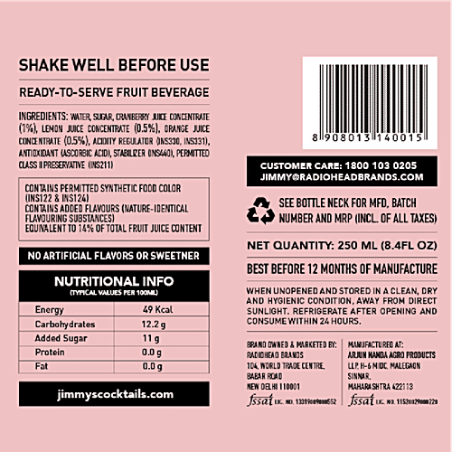 Buy JIMMY'S COCKTAILS Non Alcoholic Beverage - Cosmopolitan Cocktail ...