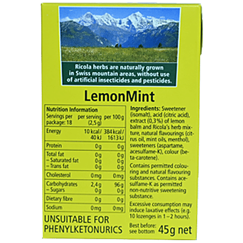 Buy Ricola Swiss Herb Lozenges - Lemon Mint, Sugarfree, Soothing, Great Tast Online at Best ...