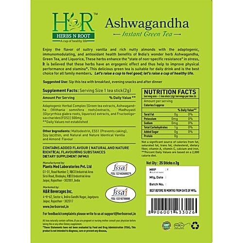 Buy Herbs N Root Ashwagandha Instant Green Tea - Vanilla & Almond Flavour, For Stress Resistance ...