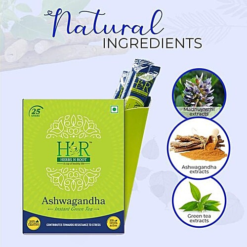 Buy Herbs N Root Ashwagandha Instant Green Tea - Vanilla & Almond Flavour, For Stress Resistance ...