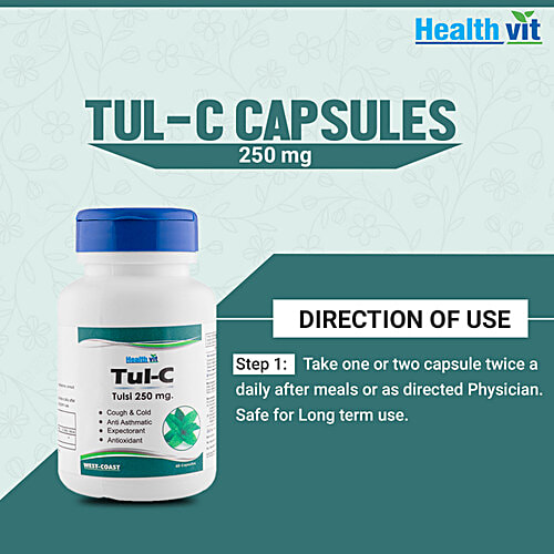 Buy Healthvit Tul-C Tulsi Powder 250 mg Capsules - Cough & Cold ...