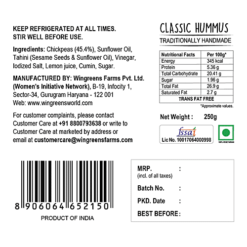 Buy Wingreens Farms Classic Hummus - With No Garlic, Traditionally ...
