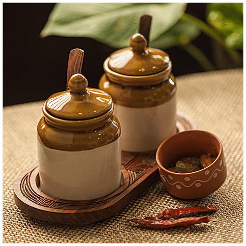 Buy ExclusiveLane Old Fashioned Ceramic Jars With Hand Carved Tray ...