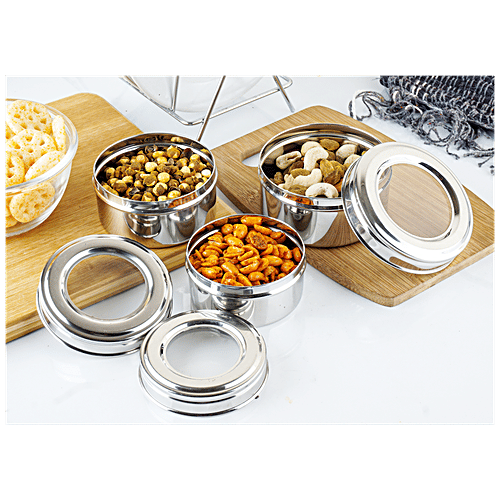 Buy Omega Stainless Steel Dabba Set - Plain, With Transparent glass Lid ...