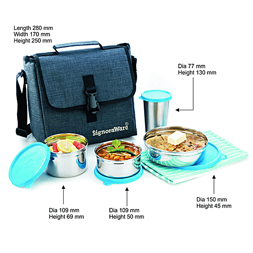 Buy Signoraware Tote Bag Steel Lunch Box Set & Tumbler - Leakproof ...
