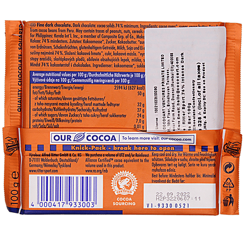 Buy Ritter Sport Dark Chocolate Bar - 74% Intense Cocoa From Peru, Rich ...