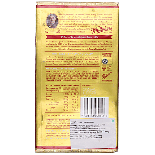 Buy WHITTAKERS Creamy Milk Almond Gold Chocolate Bar - 33% Cocoa, Rich ...