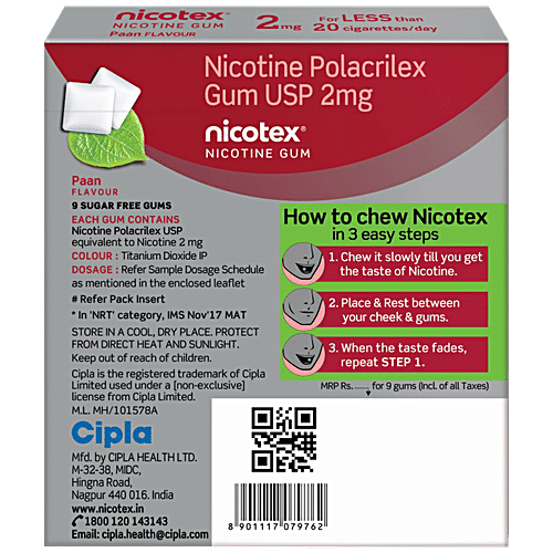 Buy Nicotex Nicotine Chewing Gum - Paan Flavour, Sugar Free, Helps Quit ...
