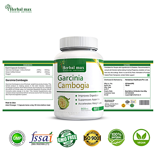 Buy Herbal max Garcinia Cambogia Capsules - 70% HCA, Natural Fat Burner ...
