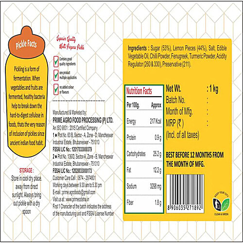 Buy Prime Sweet Lemon Pickle - No Onion, No Garlic, Authentic Taste ...