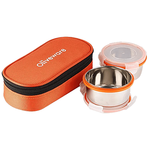 Buy Oliveware Crunch Lunch Box - Stainless Steel, Plastic Lids, Orange ...