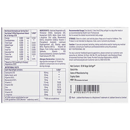 Buy JUBILANT Nutrihance UB Gold 150mg Of CoQ10 Softgel Capsules - 100% ...