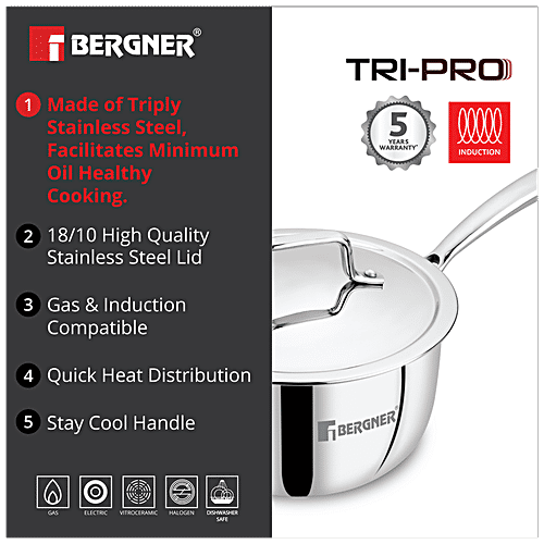 Buy Bergner Tri-Pro Triply Stainless Steel Sauce/ Milk Pan With Lid ...