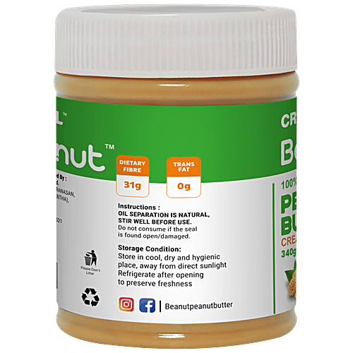 Buy Beanut 100% Natural Peanut Butter - Creamy, Rich In Protein & Fibre ...