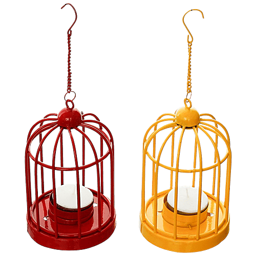 Buy eCraftIndia Red & Yellow Cage Tea Light Holder With Hanging Chain ...
