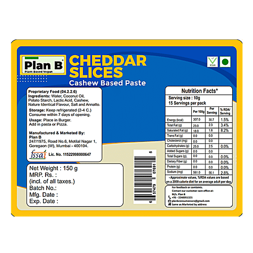 Buy Plan B Vegan Cheddar Cheese Slices - Plant Based, Meltable Online ...