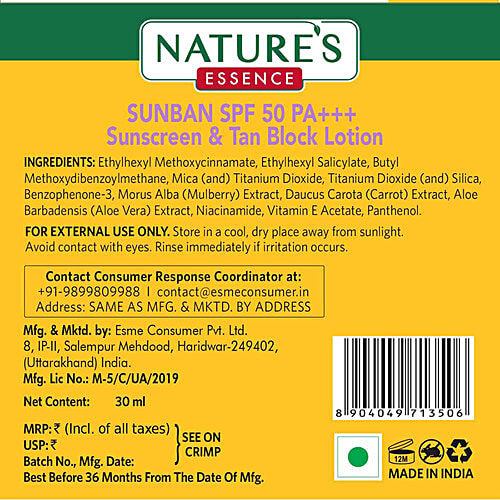 Buy Natures Essence SunBan Sunscreen & Tan Block Lotion - SPF 50 PA ...