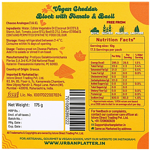 Buy Urban Platter Vegan Cheddar Block - With Tomato & Basil Cheese ...