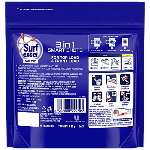 Buy Surf Excel Matic 3 In 1 Smart Shots - For Top Load & Front Load ...