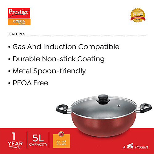 Buy Prestige Omega Deluxe Aluminium Non-Stick Round Base Deep Kadai - With Glass Lid, 28 cm, Red ...